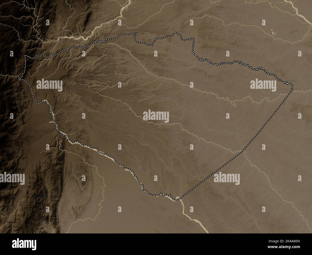 Pastaza, province of Ecuador. Elevation map colored in sepia tones with ...