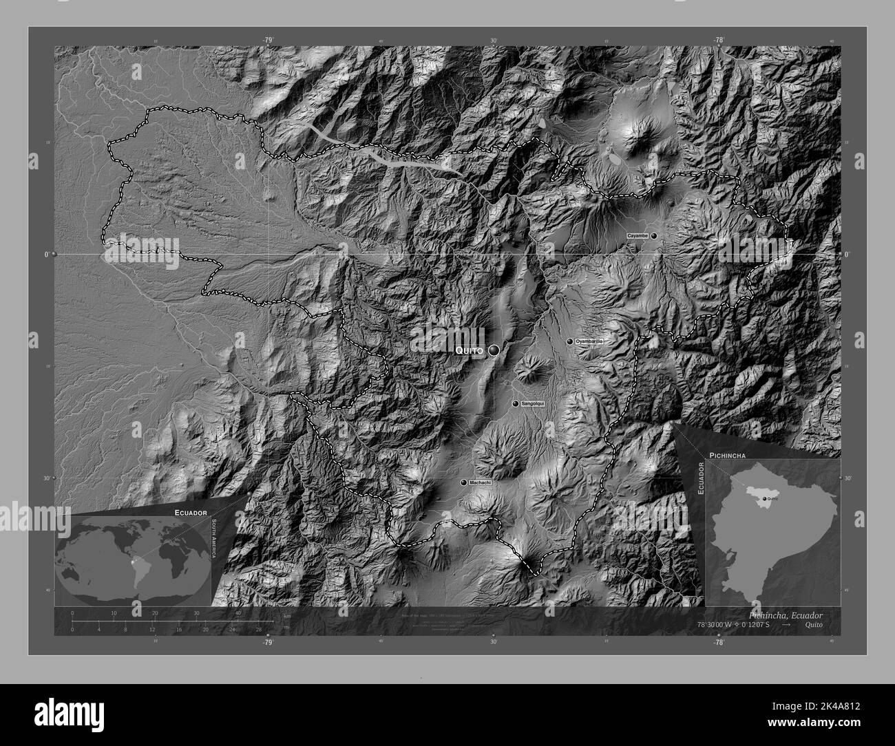Pichincha, province of Ecuador. Bilevel elevation map with lakes and ...