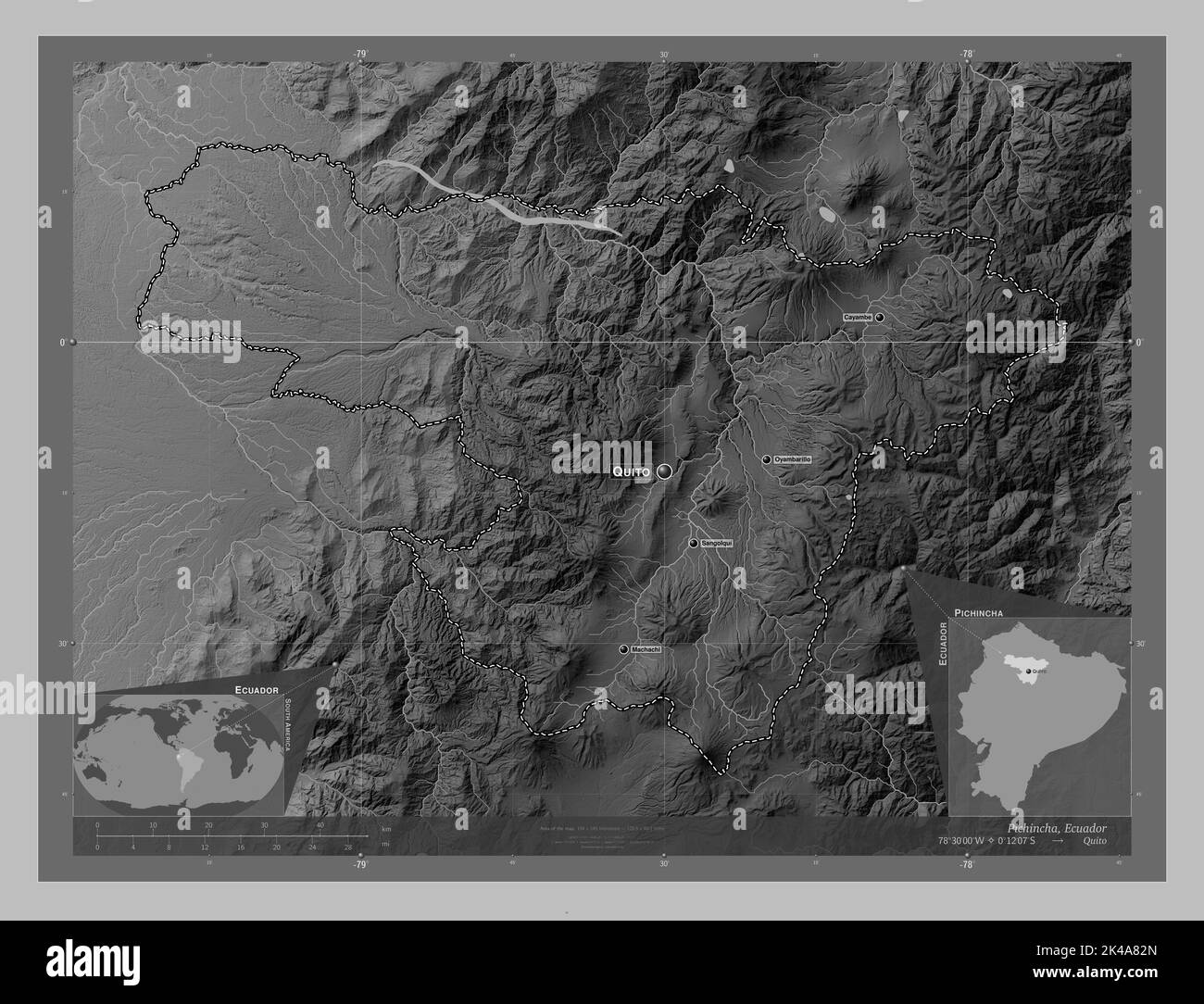 Pichincha, province of Ecuador. Grayscale elevation map with lakes and ...