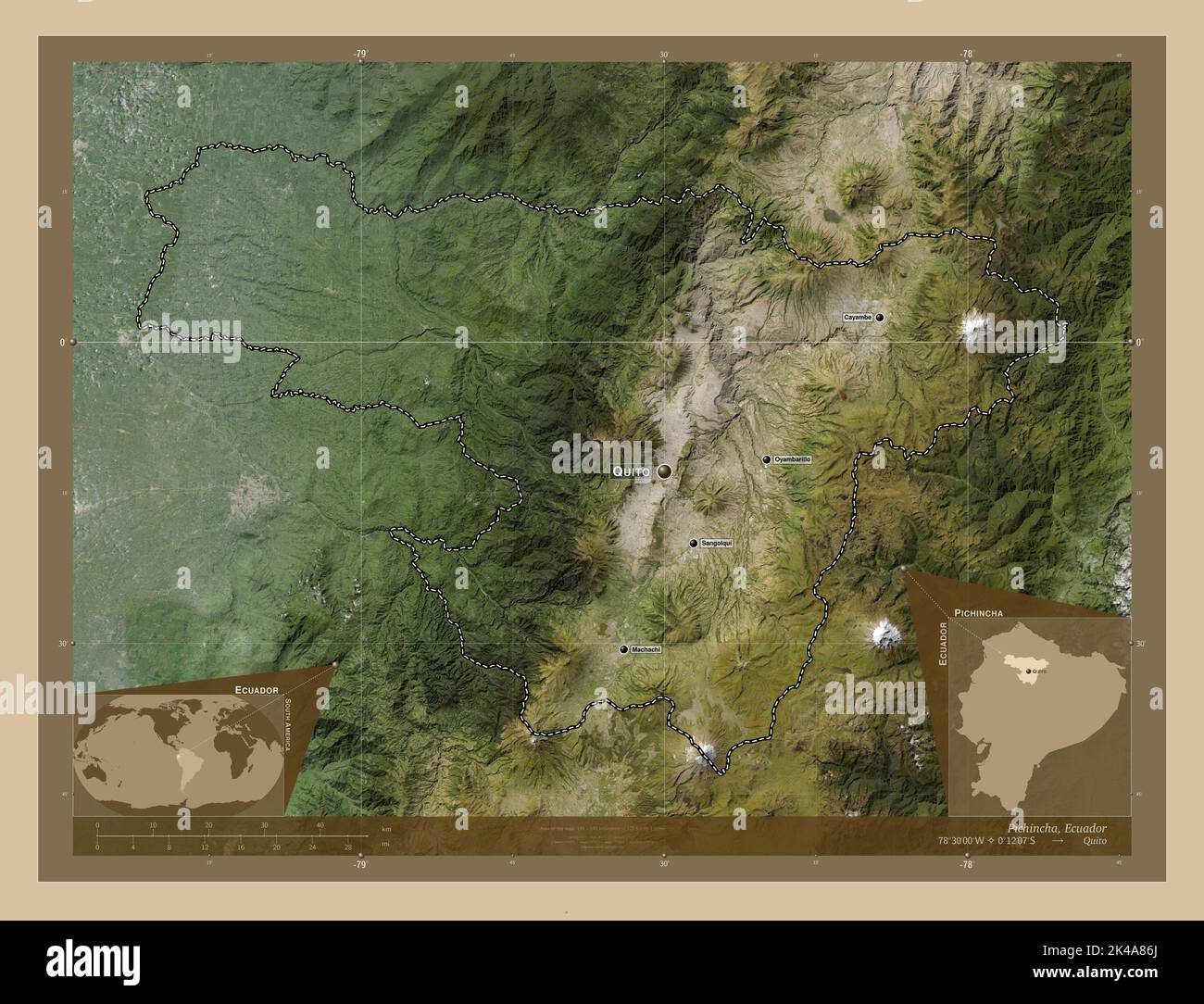 Pichincha, province of Ecuador. Low resolution satellite map. Locations ...