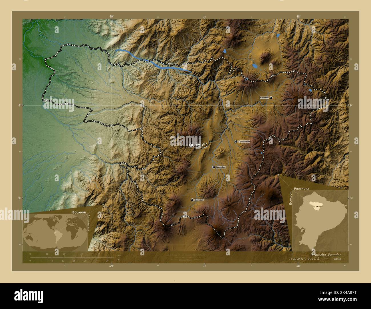 Pichincha, province of Ecuador. Colored elevation map with lakes and ...