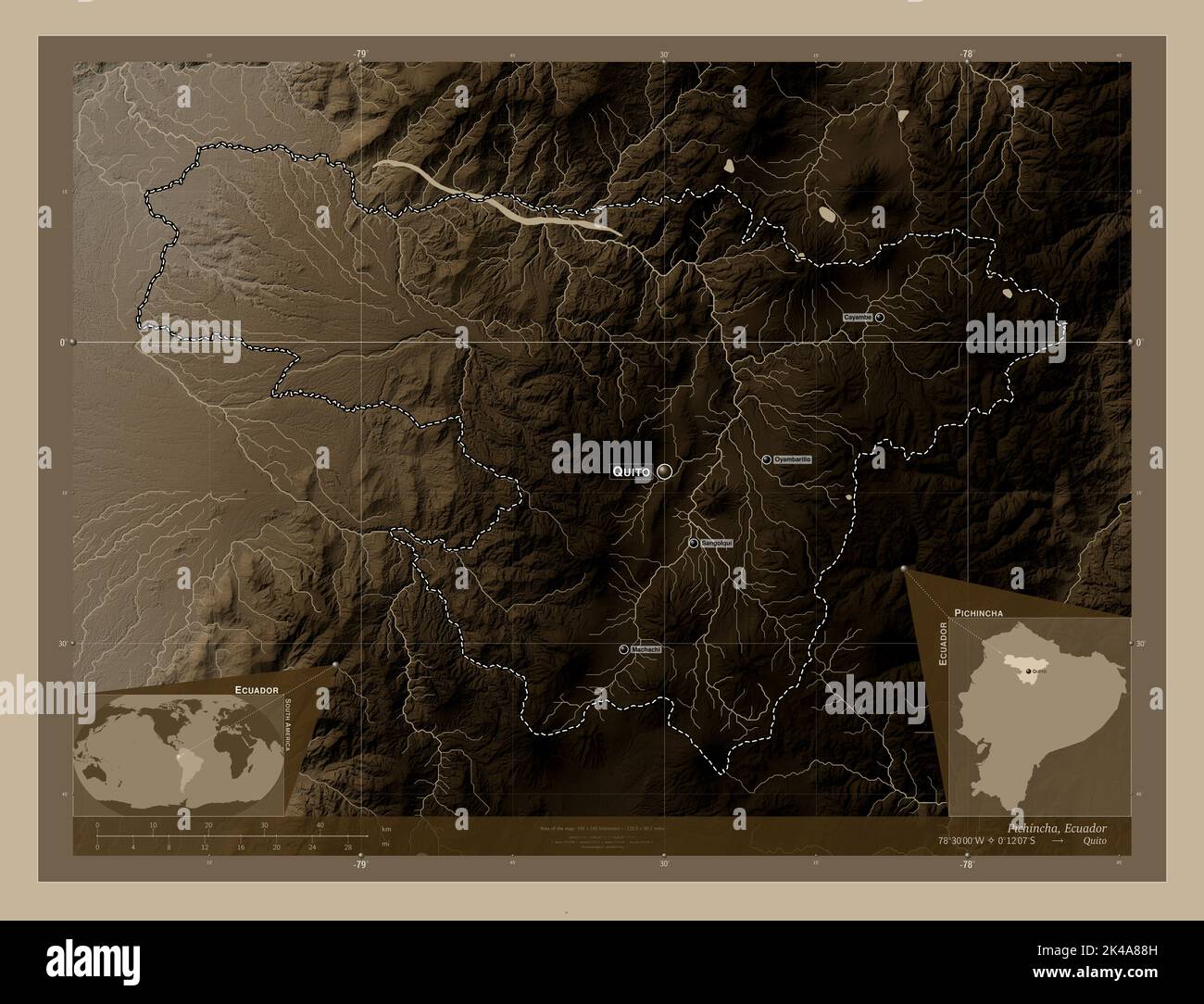 Pichincha, province of Ecuador. Elevation map colored in sepia tones ...