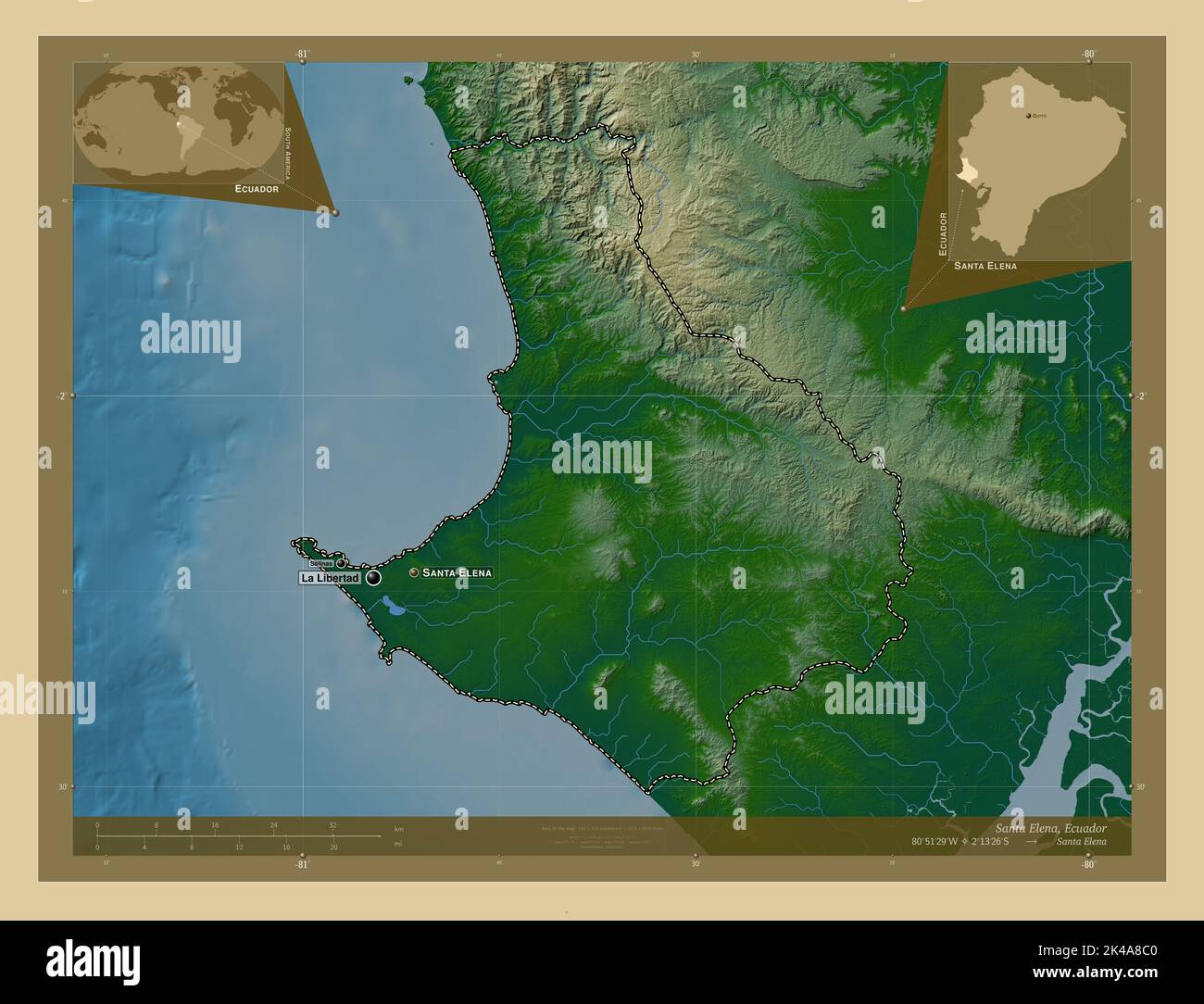 Santa Elena, province of Ecuador. Colored elevation map with lakes and ...