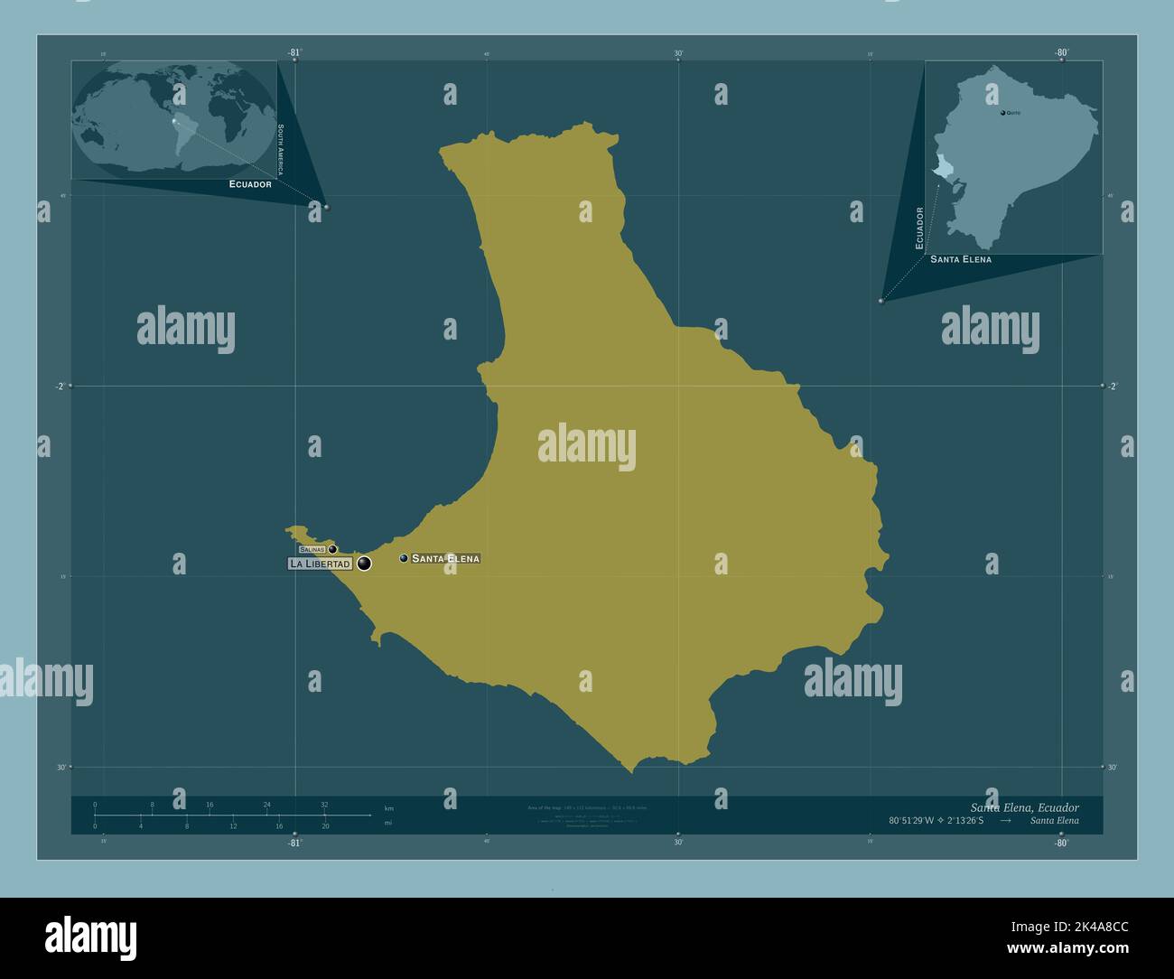 Santa Elena, province of Ecuador. Solid color shape. Locations and ...