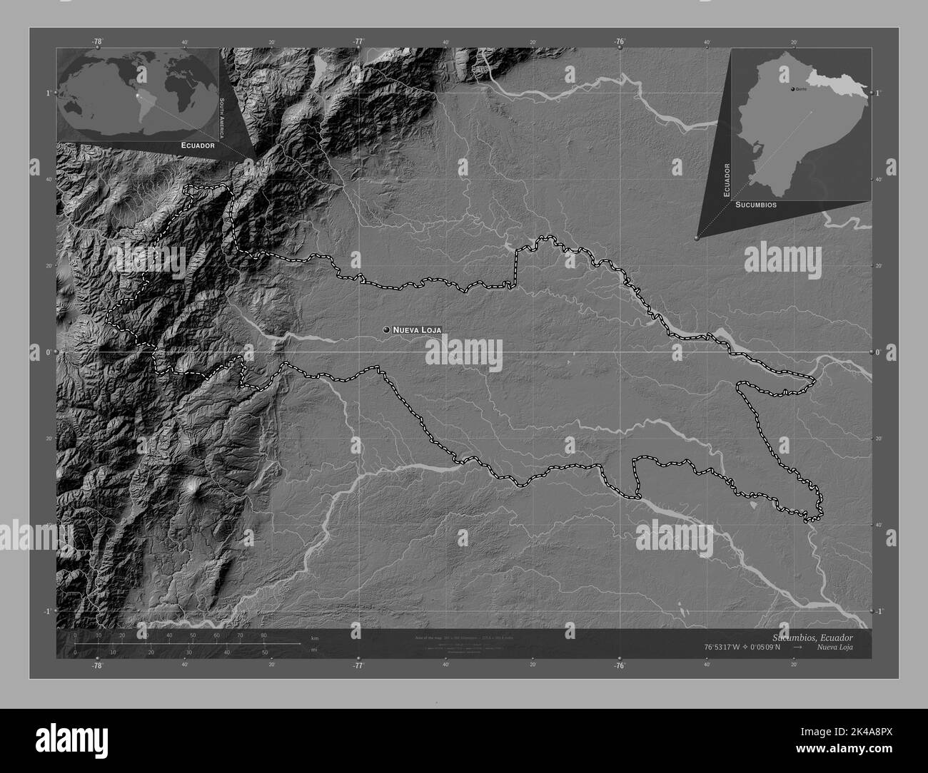 Sucumbios, province of Ecuador. Bilevel elevation map with lakes and ...