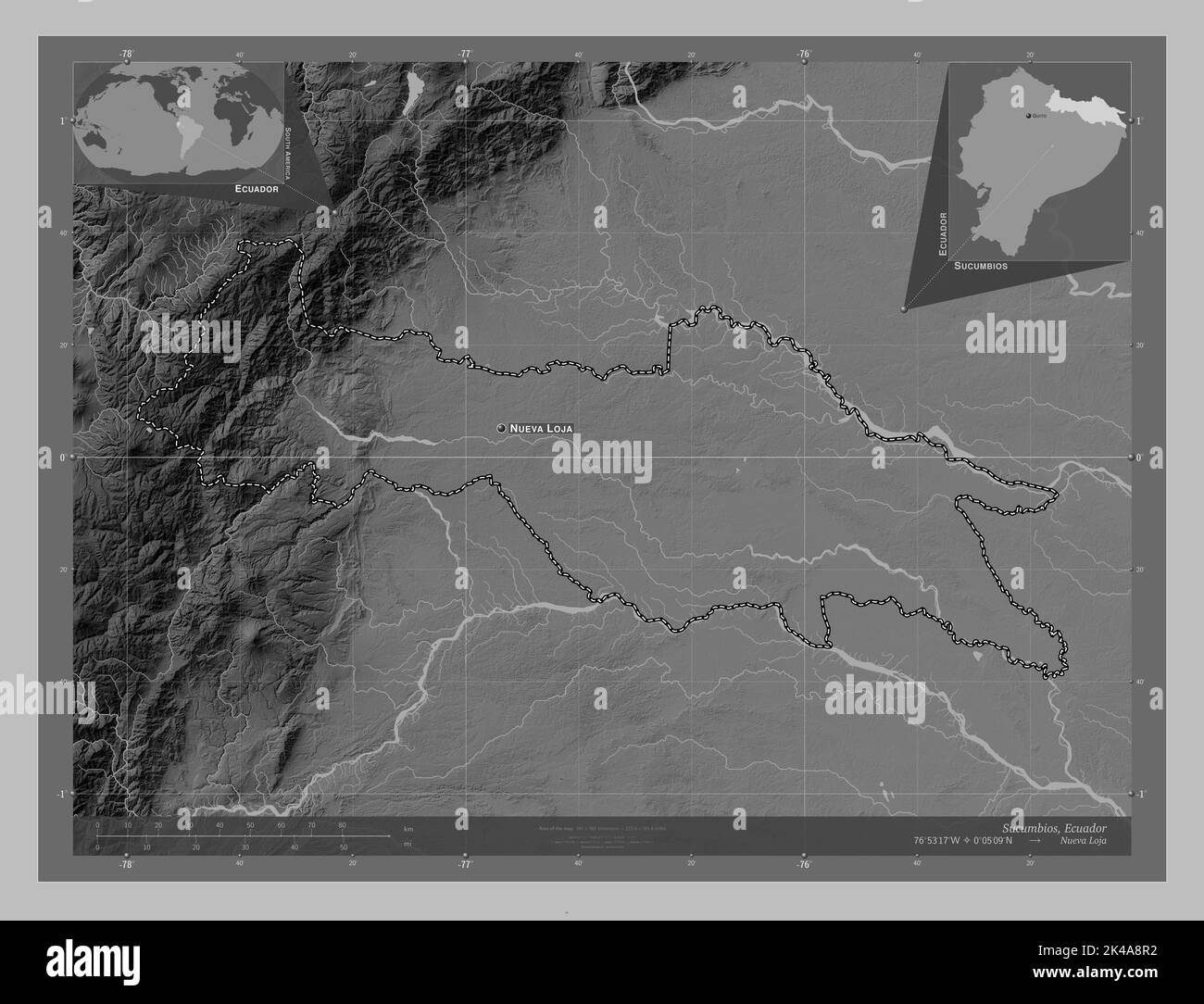 Sucumbios, province of Ecuador. Grayscale elevation map with lakes and ...