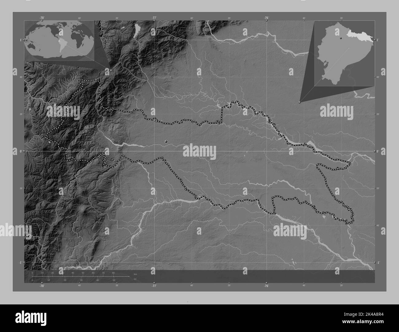 Sucumbios, province of Ecuador. Grayscale elevation map with lakes and ...