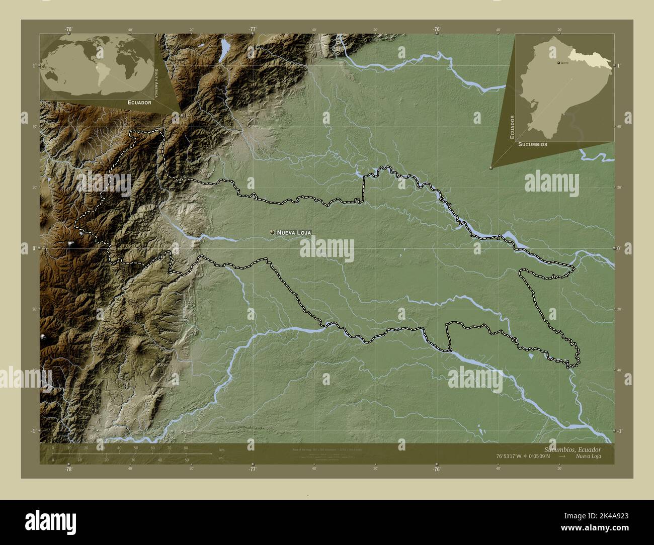 Sucumbios, province of Ecuador. Elevation map colored in wiki style ...
