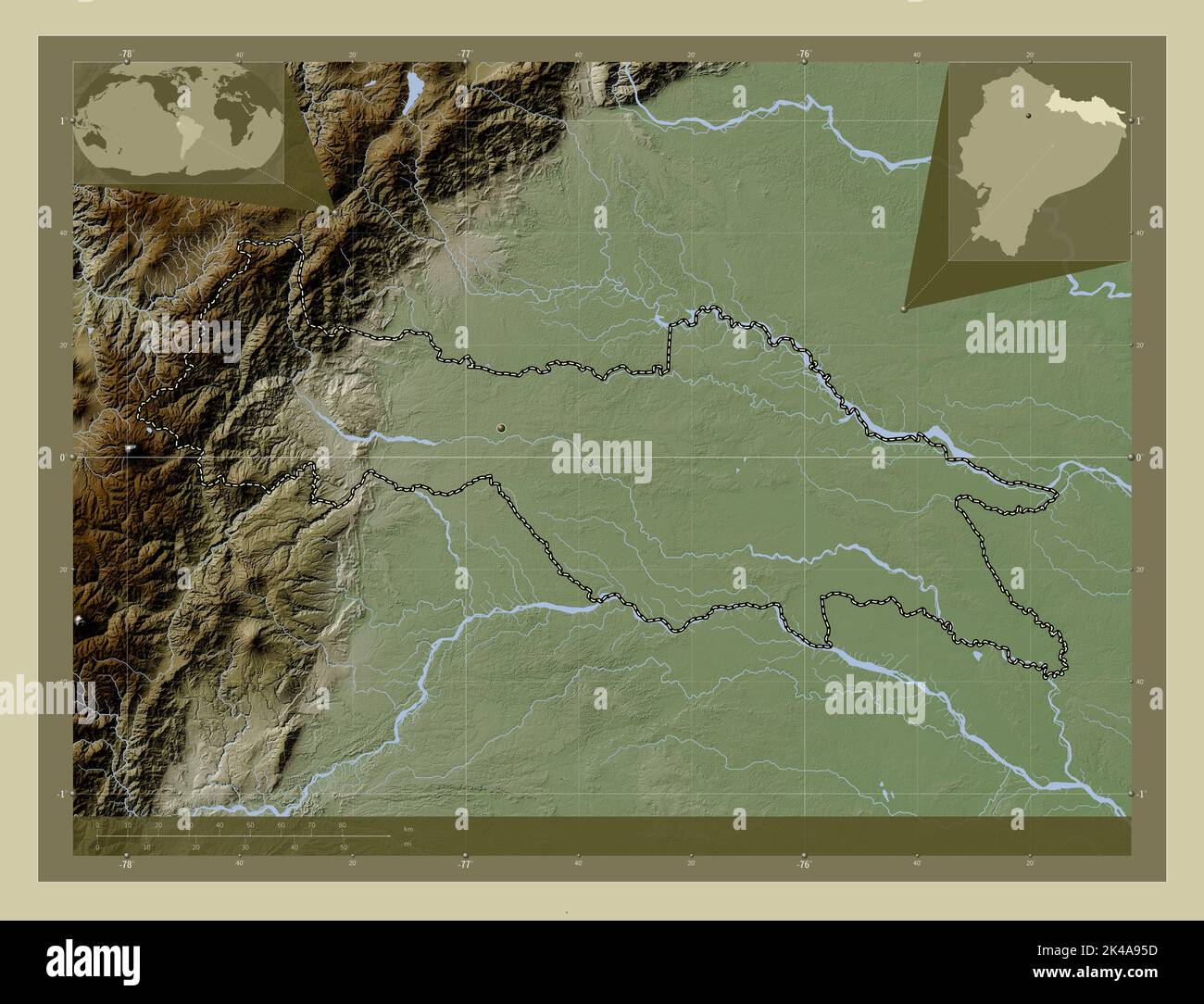 Sucumbios, province of Ecuador. Elevation map colored in wiki style ...