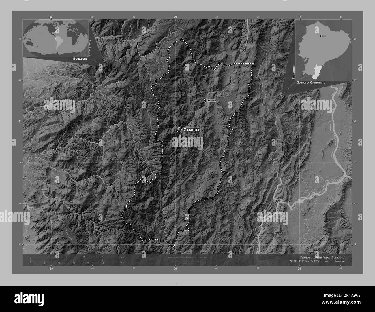 Zamora Chinchipe, province of Ecuador. Grayscale elevation map with ...