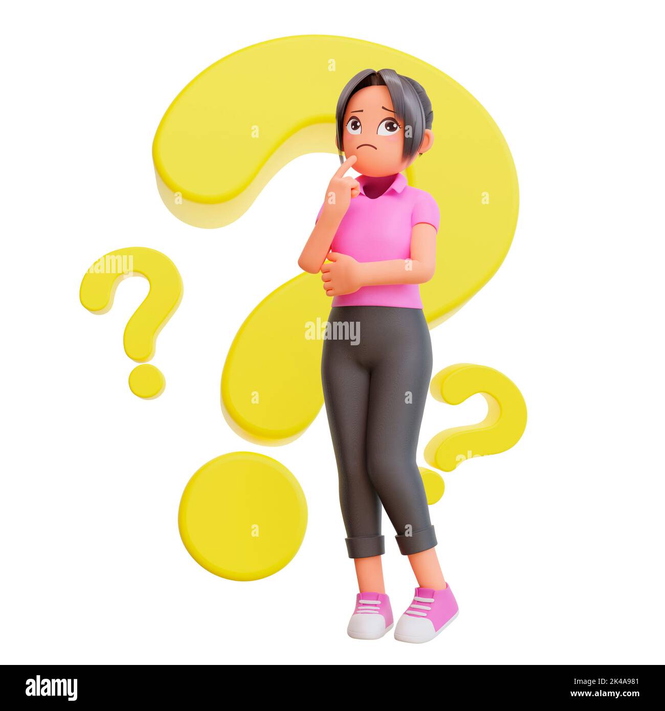 3D rendered standing cartoon girl thinking with question marks behind ...