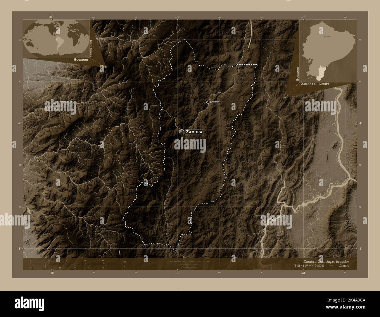 Zamora Chinchipe, province of Ecuador. Elevation map colored in sepia ...