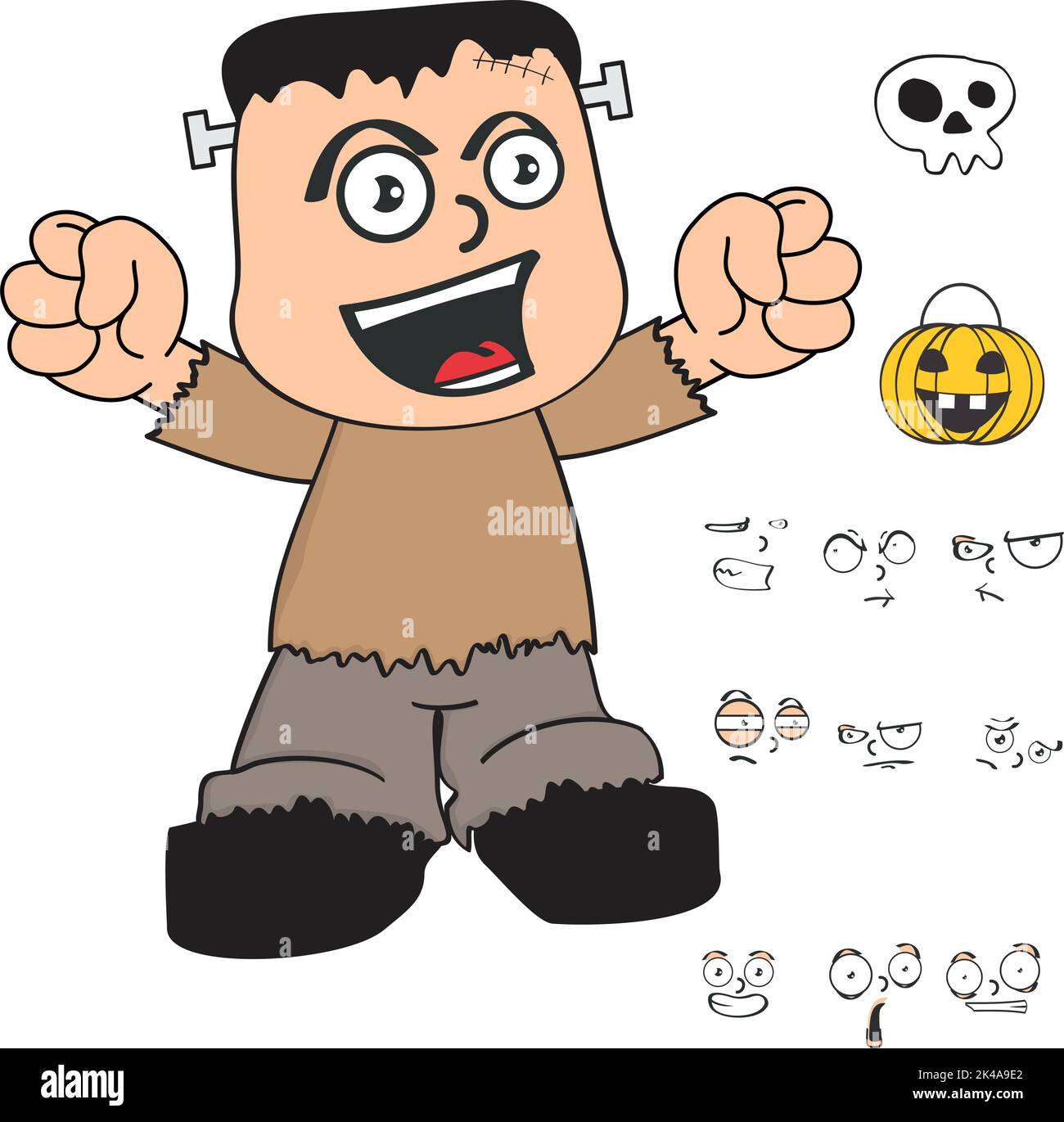 happy halloween frankenstein kid cartoon kawaii expressions set in ...