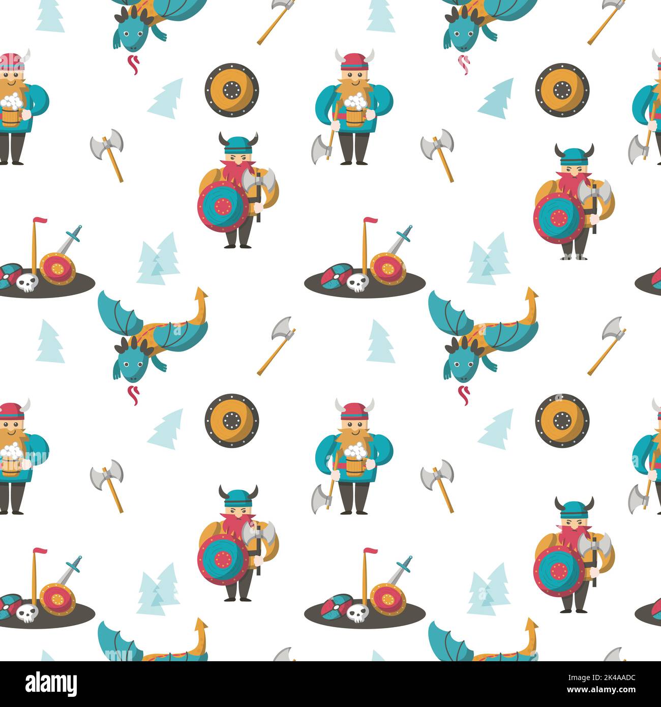 Vector seamless pattern with vikings with armor, beer and dragons ...