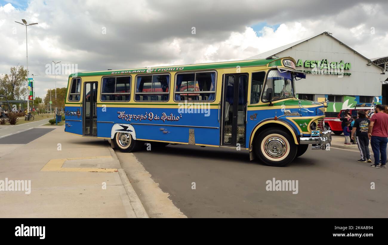 old blue Mercedes Benz 1114 bus parked in the street. Public passenger ...