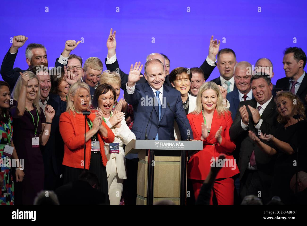 Party leader Micheal Martin is joined on stage by party representatives ...
