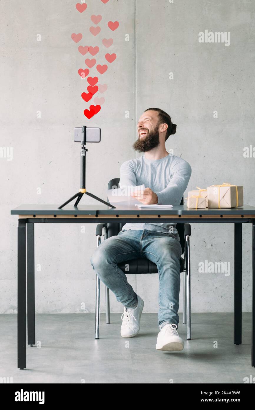 Fun vlog. Social media like. Positive video content. Joyful male ...