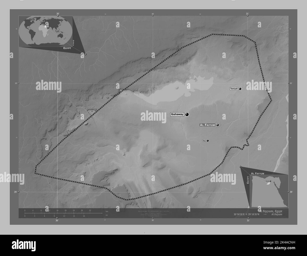 Al Fayyum, governorate of Egypt. Grayscale elevation map with lakes and ...