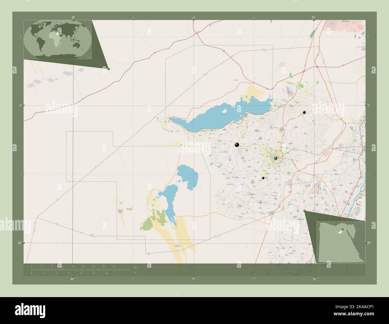 Al Fayyum, governorate of Egypt. Open Street Map. Locations of major ...