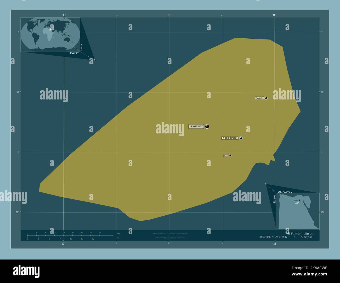 Al Fayyum, governorate of Egypt. Solid color shape. Locations and names ...