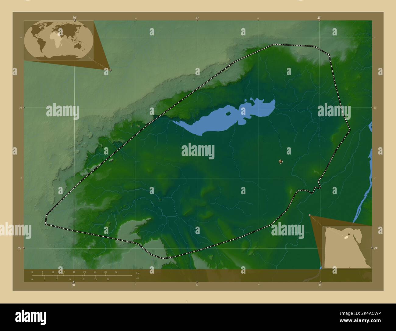 Al Fayyum, governorate of Egypt. Colored elevation map with lakes and ...