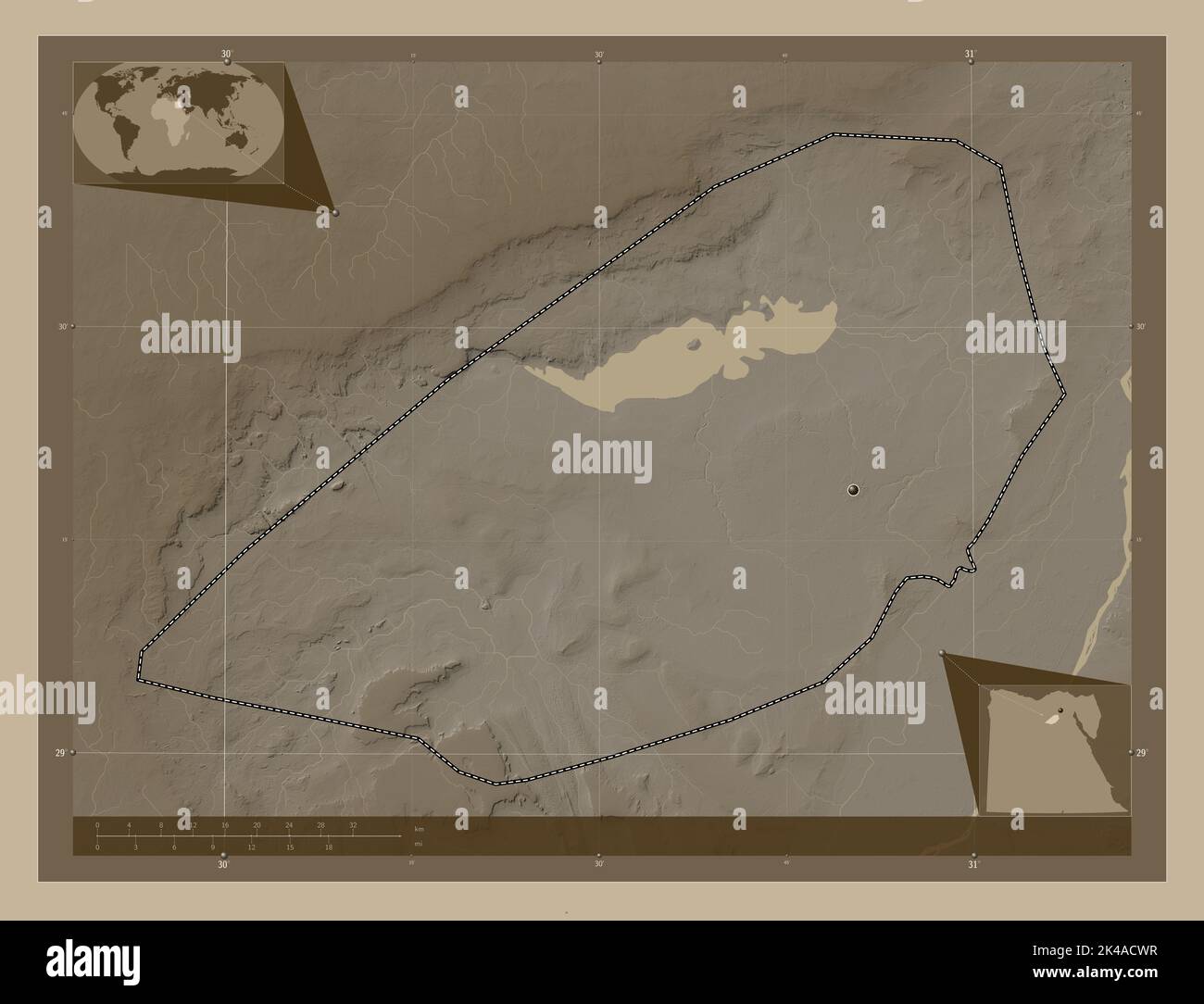 Al Fayyum, governorate of Egypt. Elevation map colored in sepia tones with lakes and rivers ...