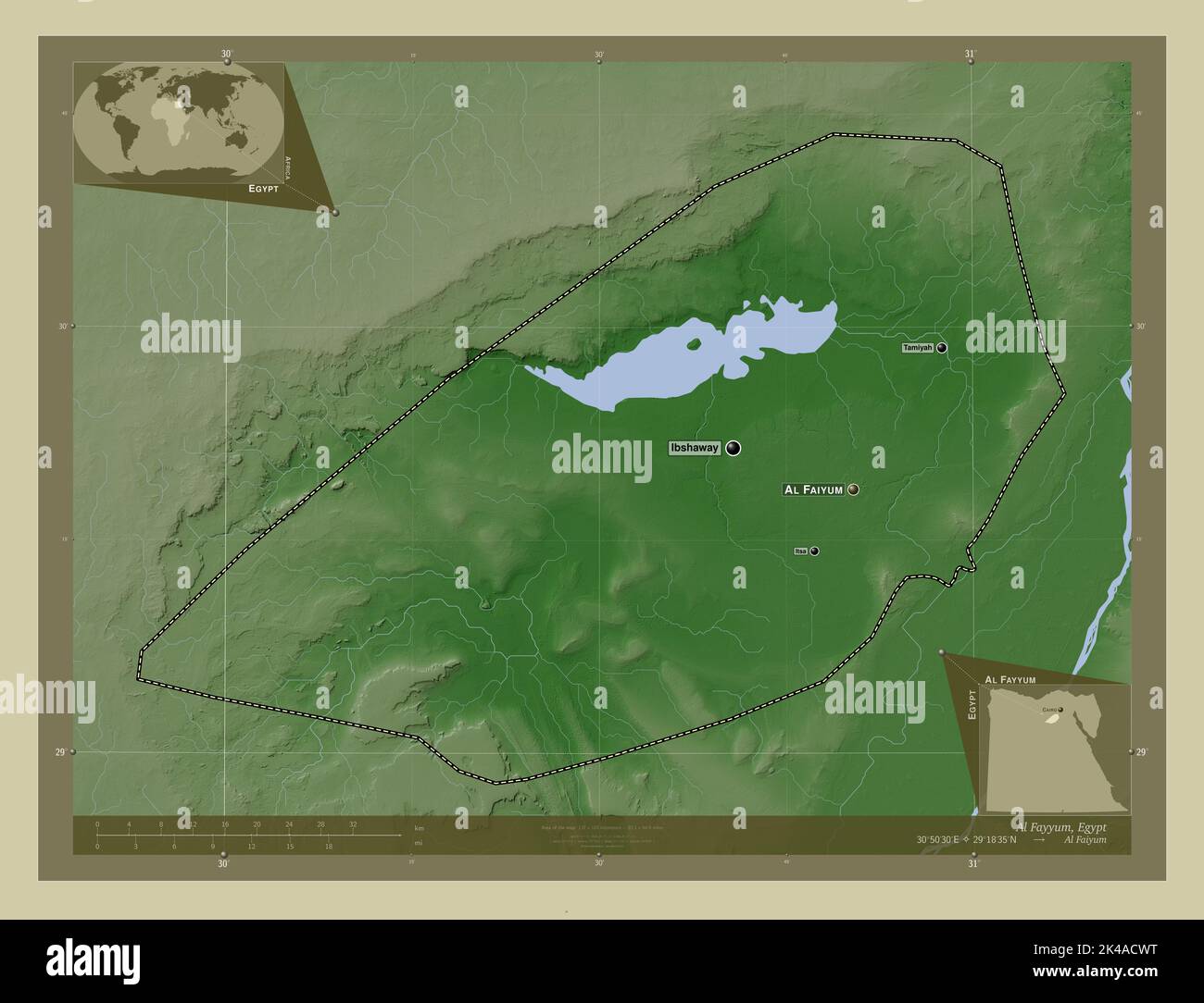 Al Fayyum, governorate of Egypt. Elevation map colored in wiki style ...