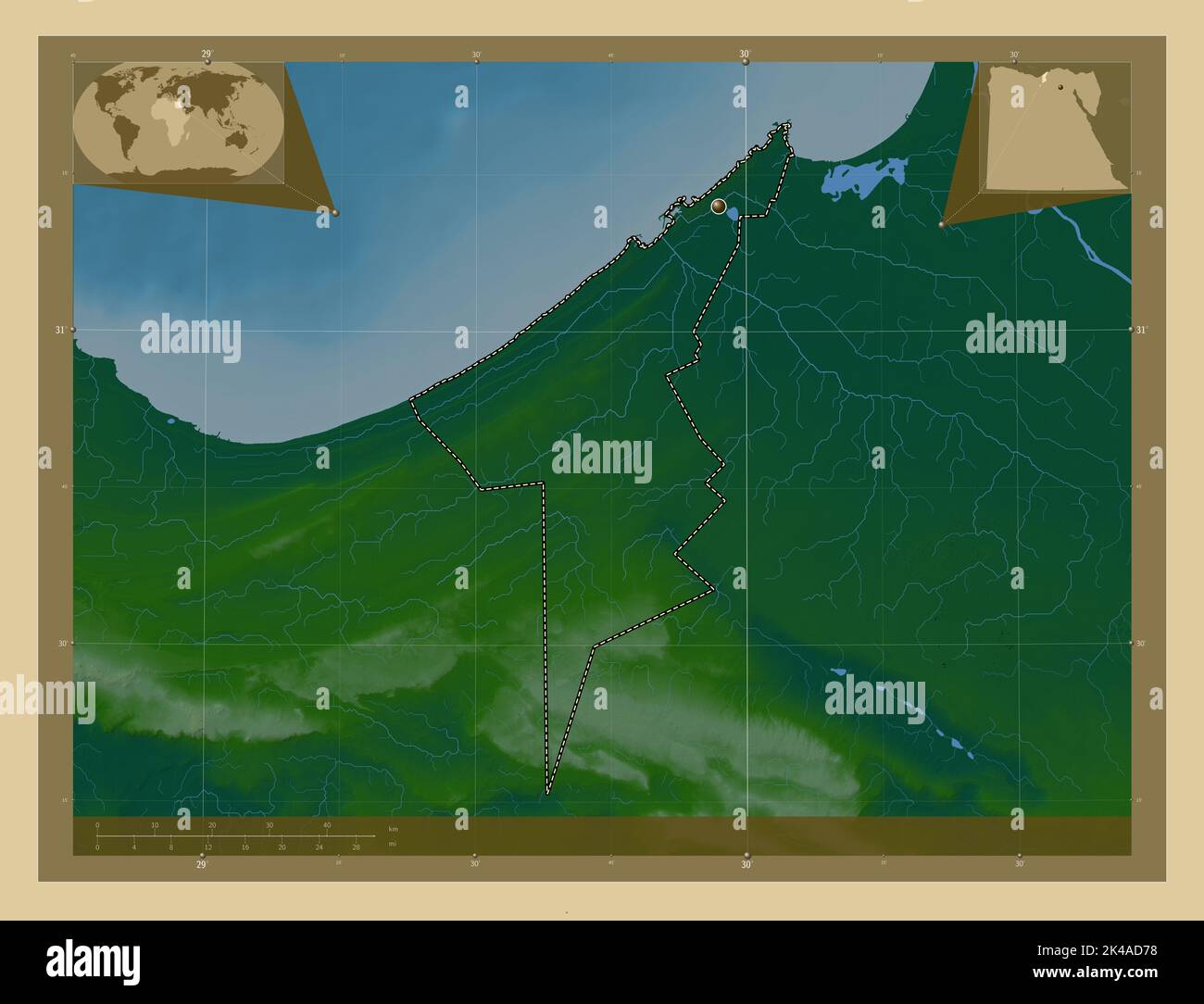 Al Iskandariyah, governorate of Egypt. Colored elevation map with lakes ...