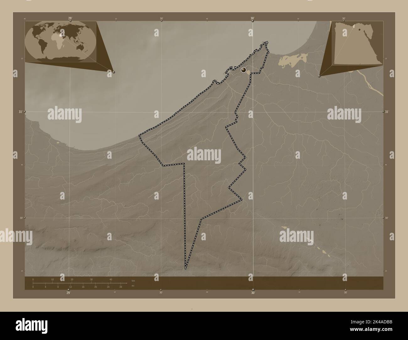 Al Iskandariyah, governorate of Egypt. Elevation map colored in sepia ...