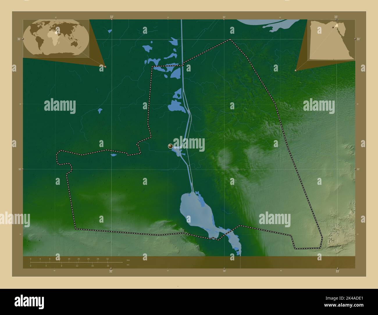 Al Isma`iliyah, governorate of Egypt. Colored elevation map with lakes ...