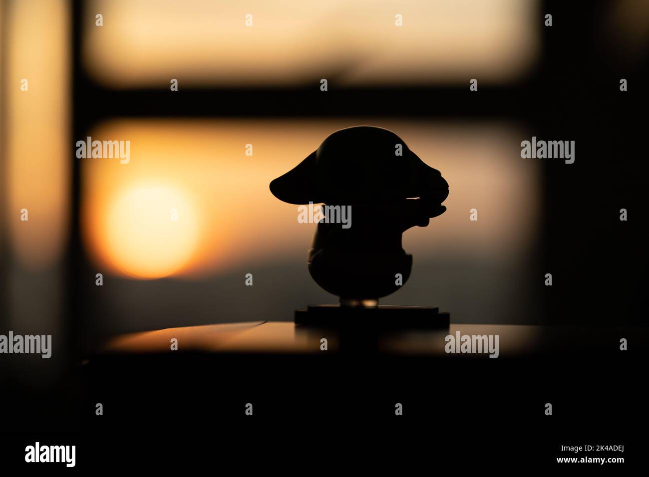 A closeup of the dark silhouette of a toy with the golden sun in the ...