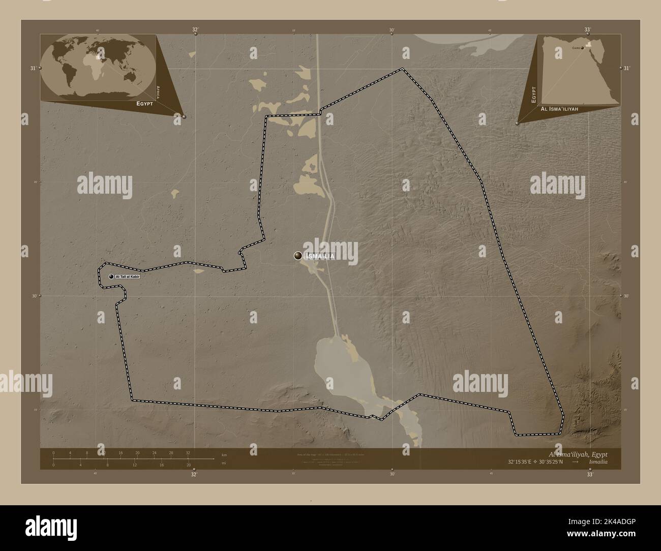 Al Isma`iliyah, governorate of Egypt. Elevation map colored in sepia ...