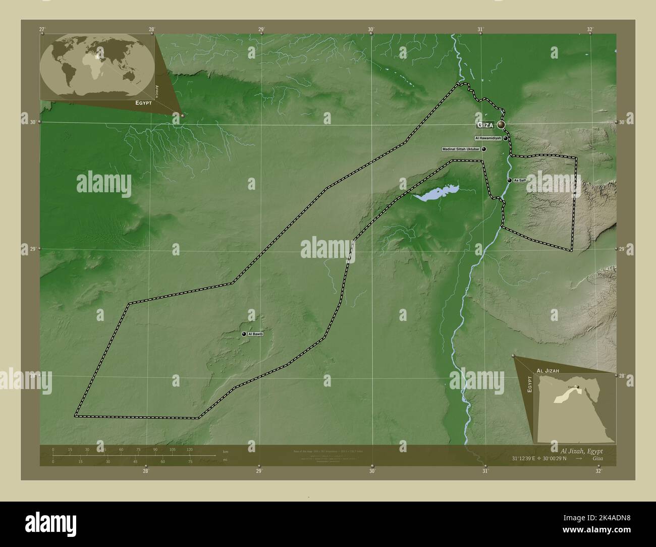 Al Jizah, governorate of Egypt. Elevation map colored in wiki style ...