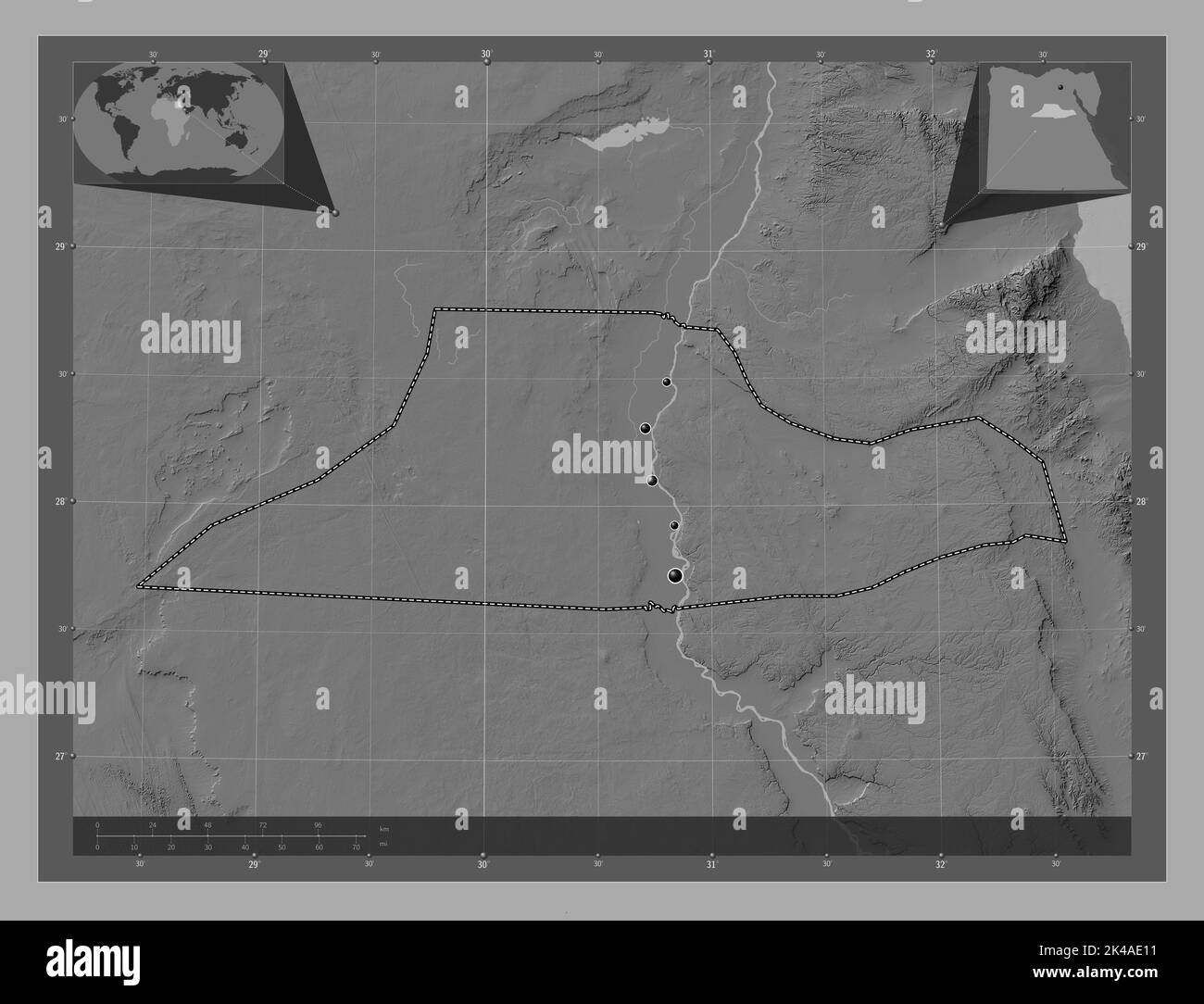 Al Minya, governorate of Egypt. Bilevel elevation map with lakes and ...