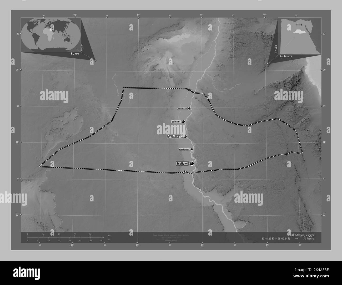 Al Minya, governorate of Egypt. Grayscale elevation map with lakes and ...