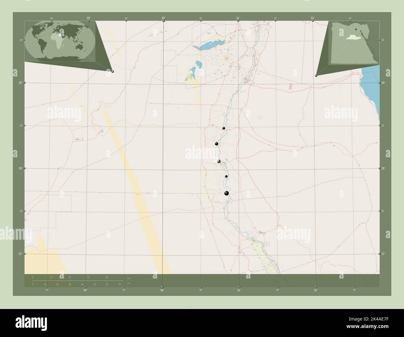 Al Minya, governorate of Egypt. Open Street Map. Locations of major ...