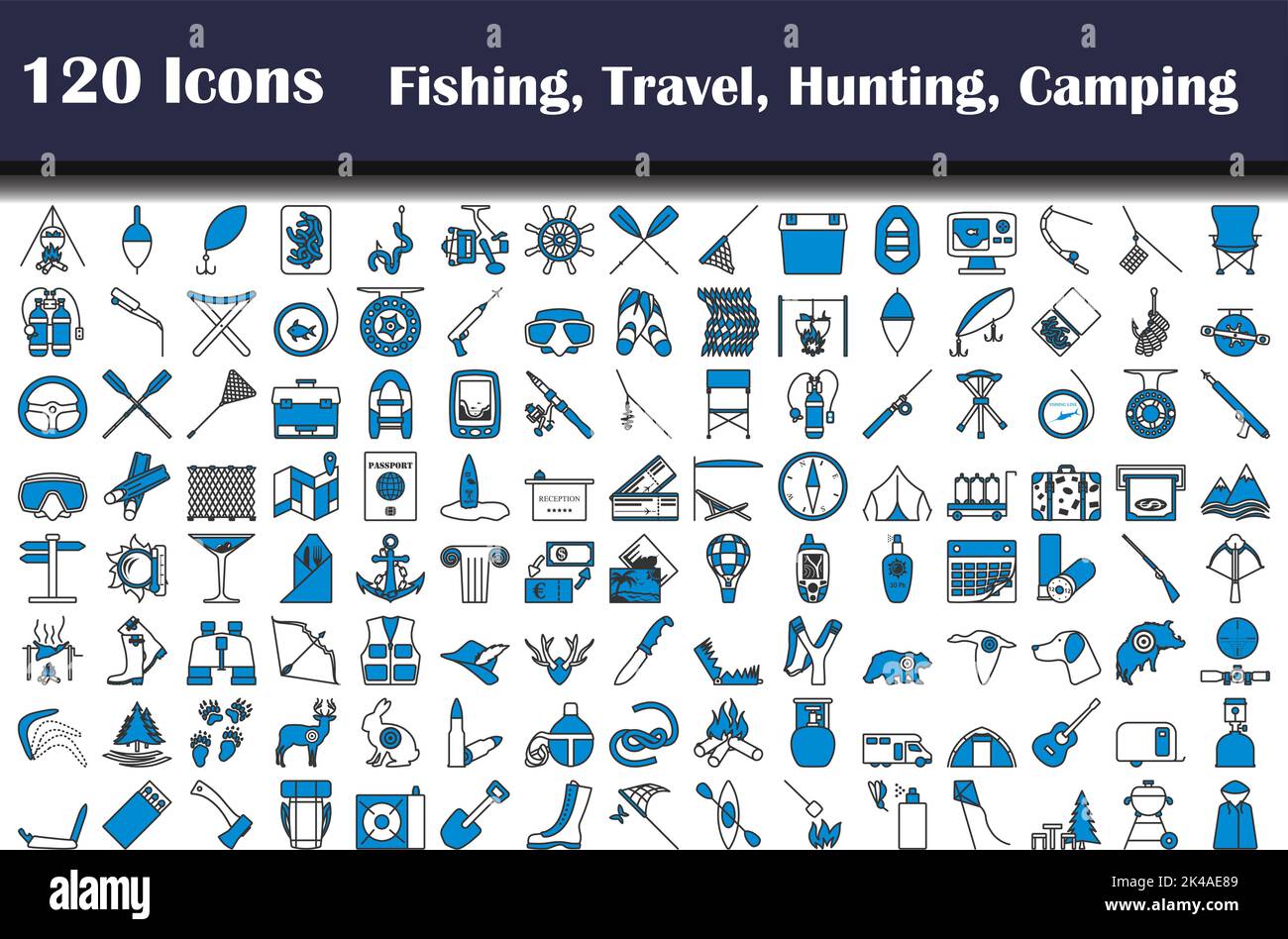 120 Icons Of Fishing, Travel, Hunting, Camping. Editable Bold Outline ...