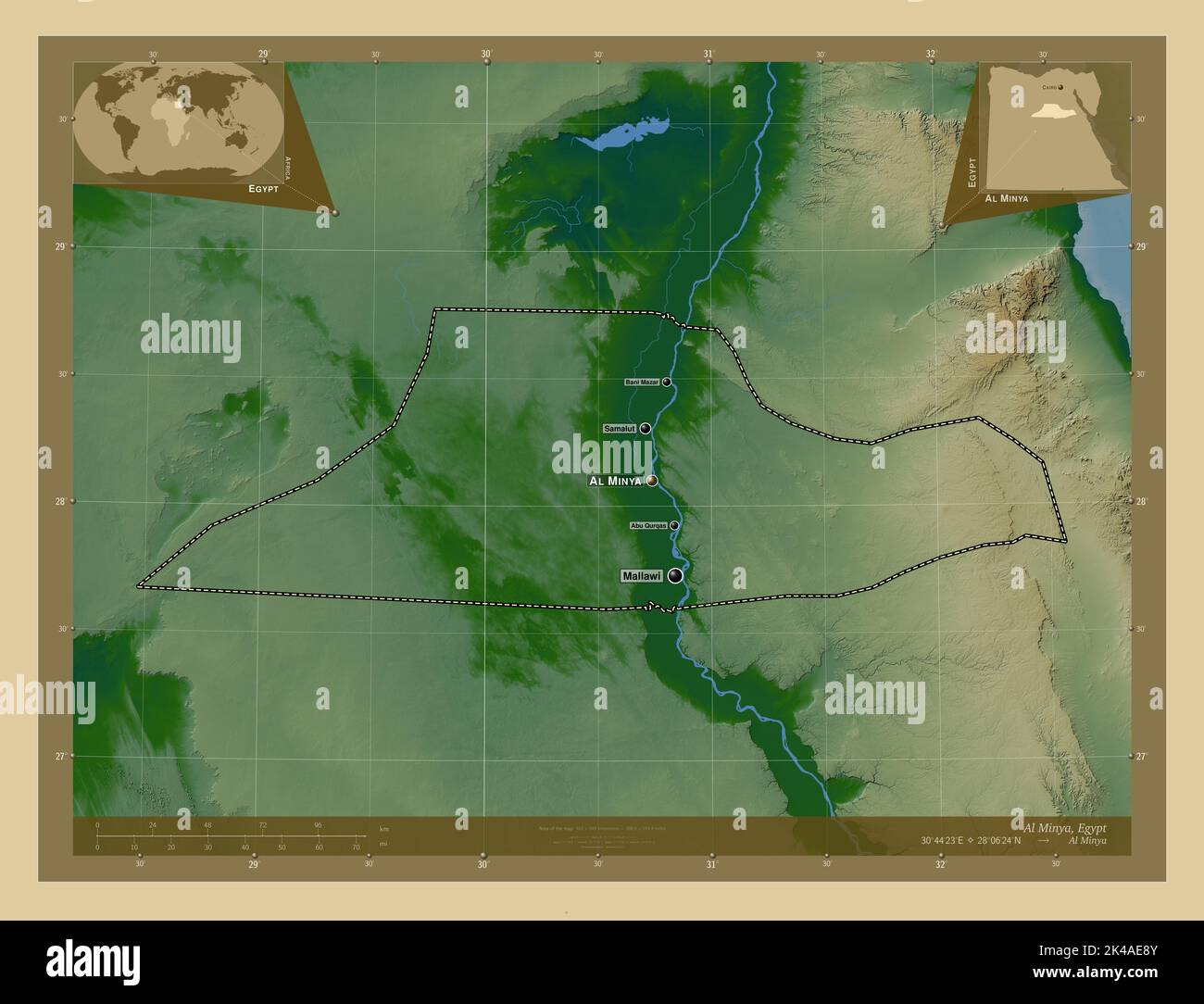 Al Minya, governorate of Egypt. Colored elevation map with lakes and ...