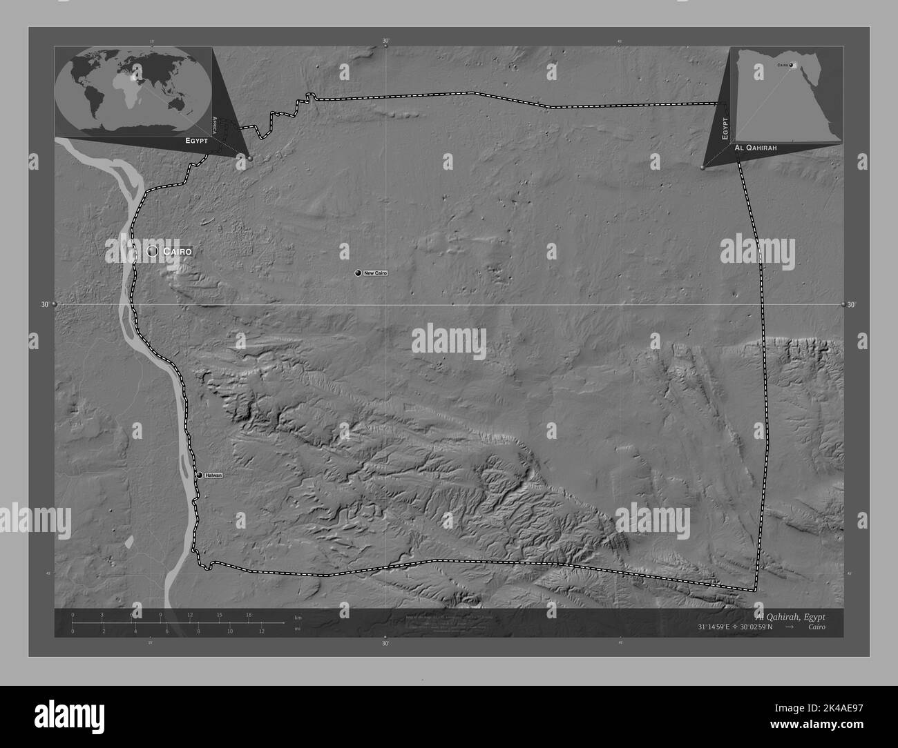 Al Qahirah, governorate of Egypt. Bilevel elevation map with lakes and ...