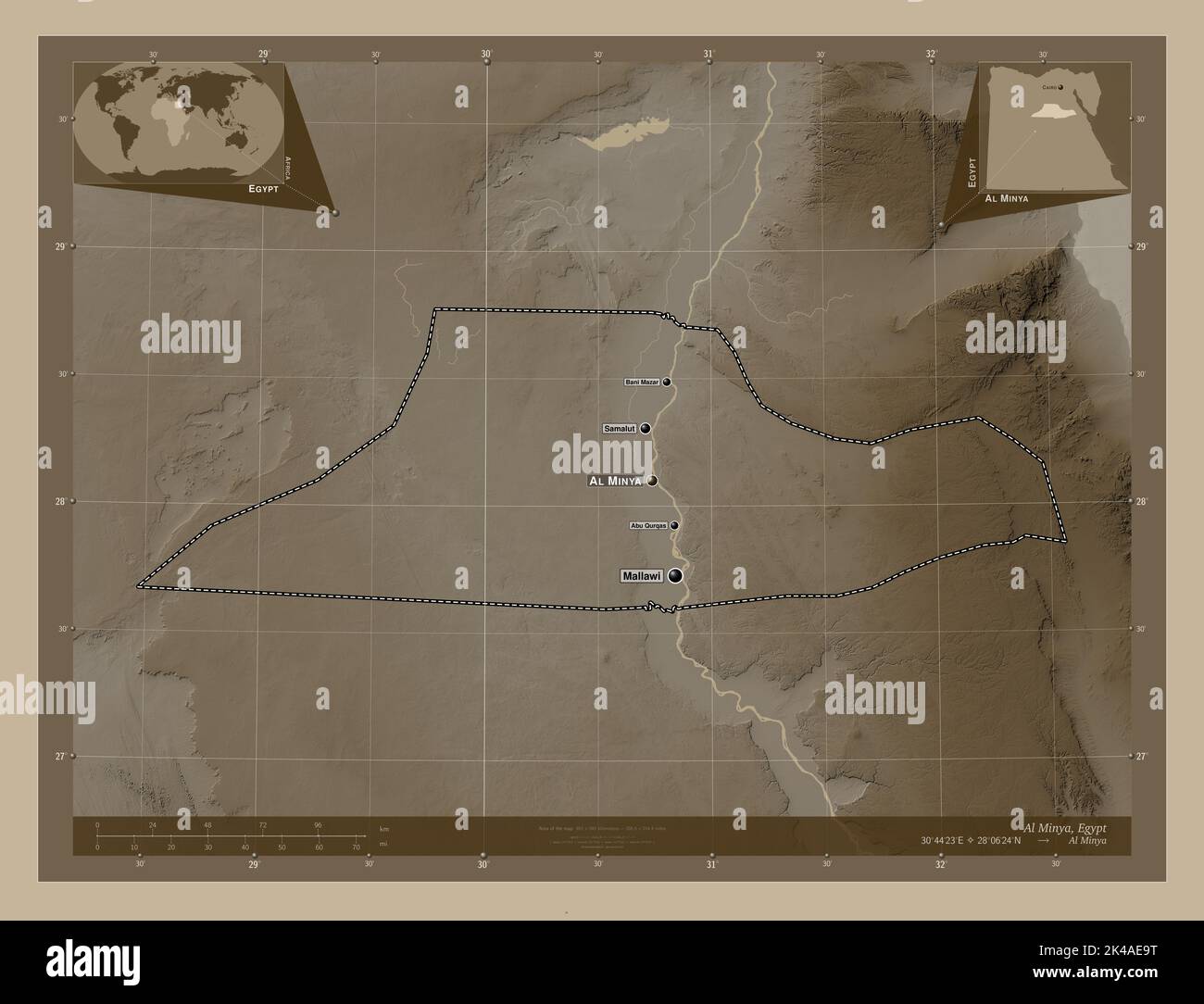 Al Minya, governorate of Egypt. Elevation map colored in sepia tones ...