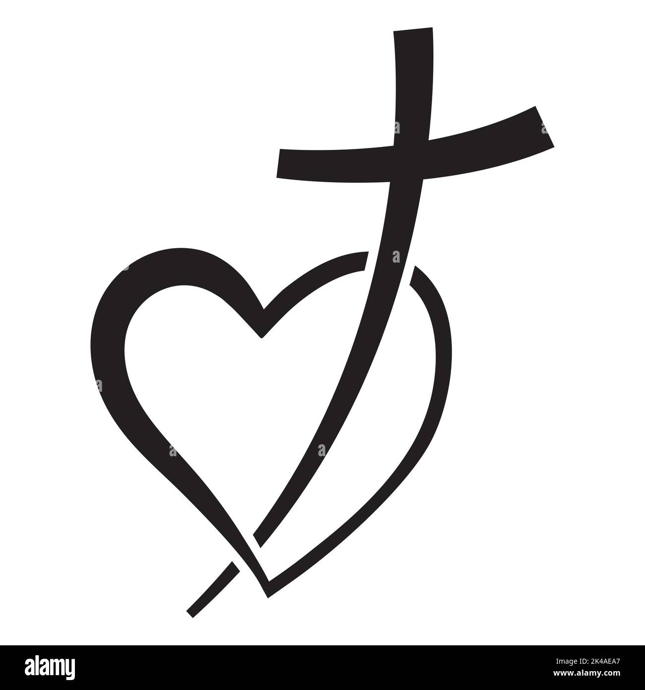 Christian cross icon and red heart shape. Abstract religious symbol ...