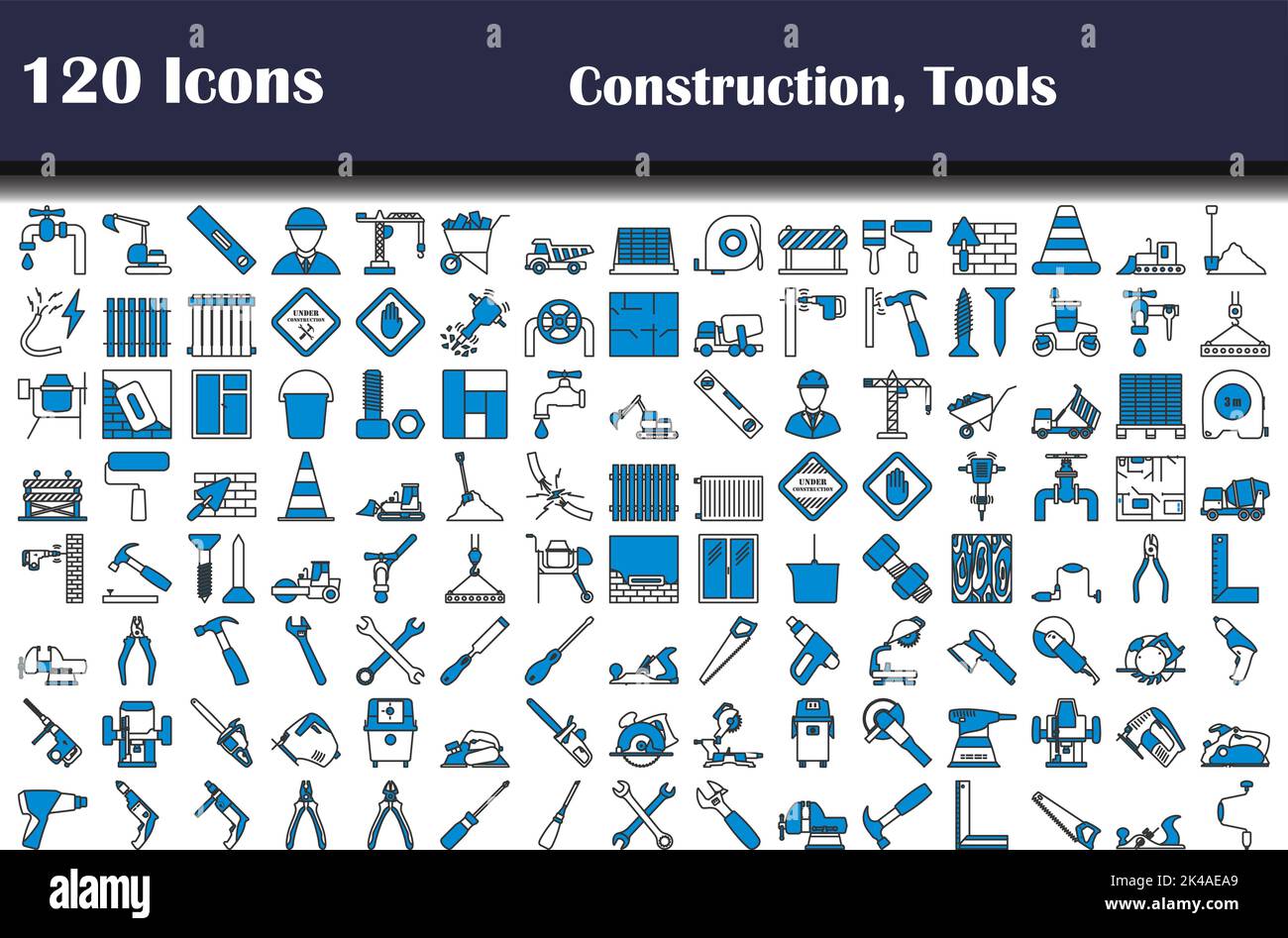 120 Icons Of Construction, Tools. Editable Bold Outline With Color Fill ...