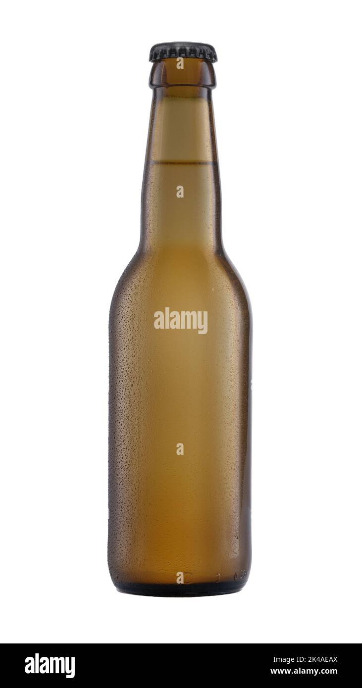 Cold beer bottle without a label with water drops on white background ...