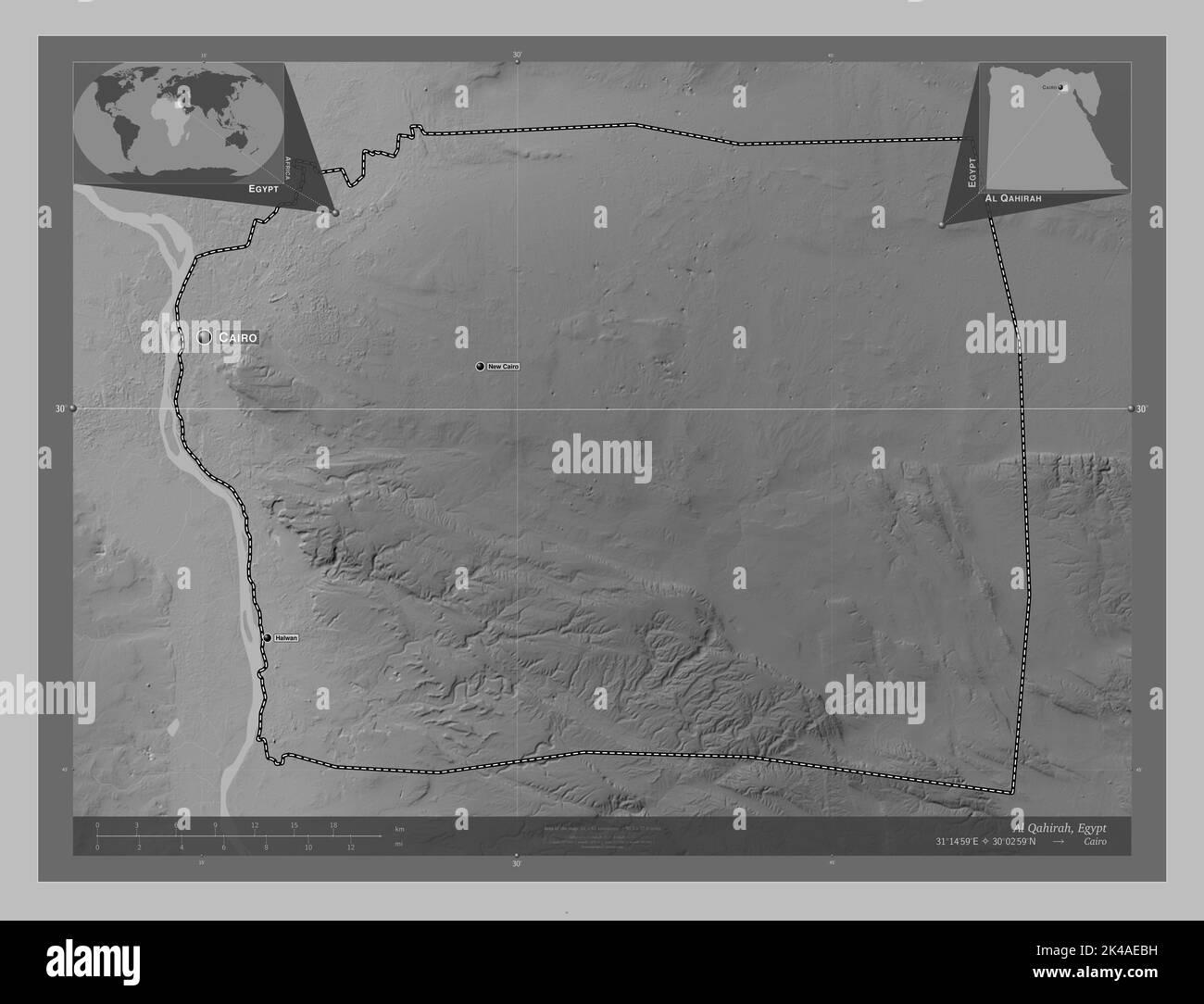 Al Qahirah, governorate of Egypt. Grayscale elevation map with lakes ...