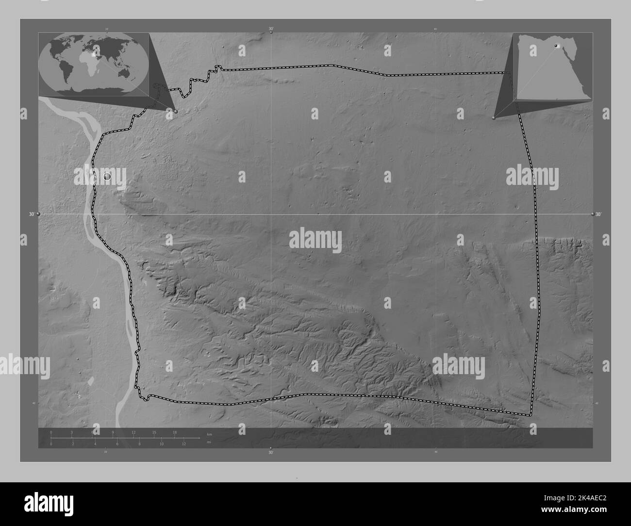Al Qahirah, governorate of Egypt. Grayscale elevation map with lakes ...