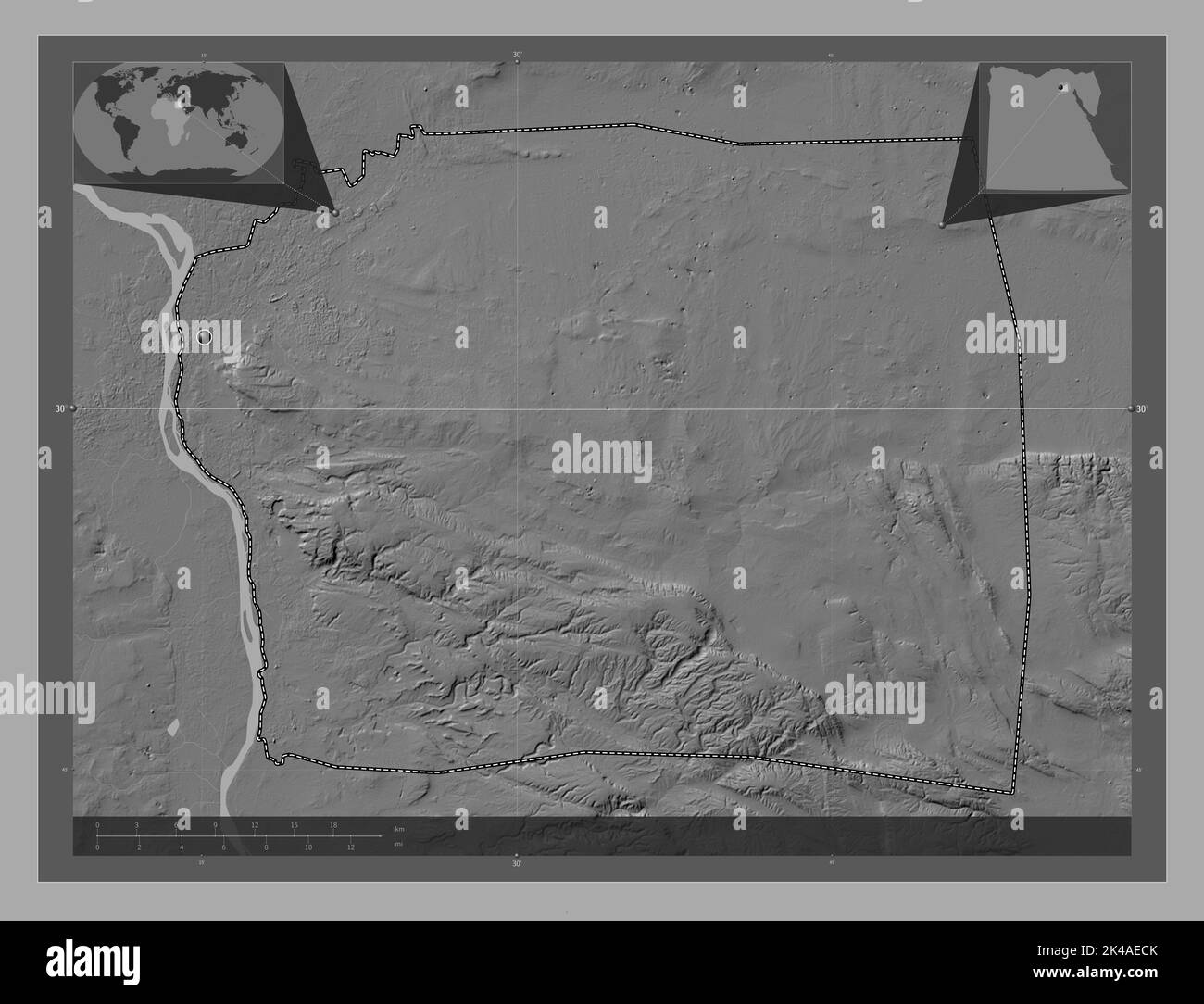 Al Qahirah, governorate of Egypt. Bilevel elevation map with lakes and ...