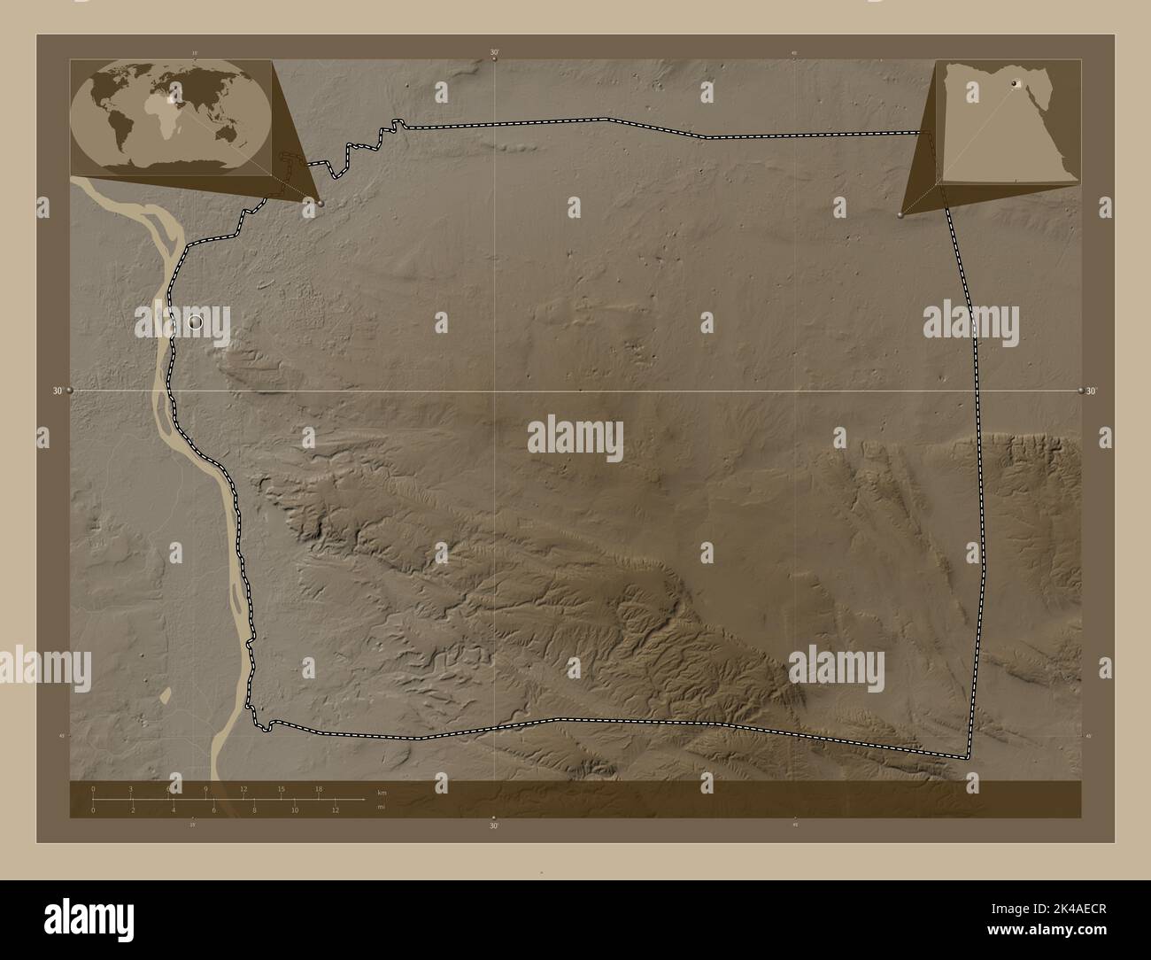 Al Qahirah, governorate of Egypt. Elevation map colored in sepia tones ...