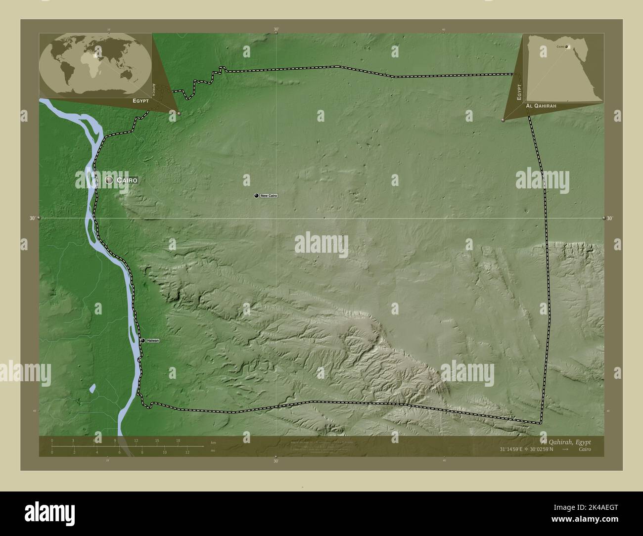 Al Qahirah, governorate of Egypt. Elevation map colored in wiki style ...