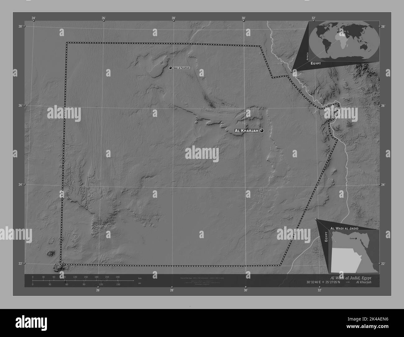 Al Wadi al Jadid, governorate of Egypt. Bilevel elevation map with ...