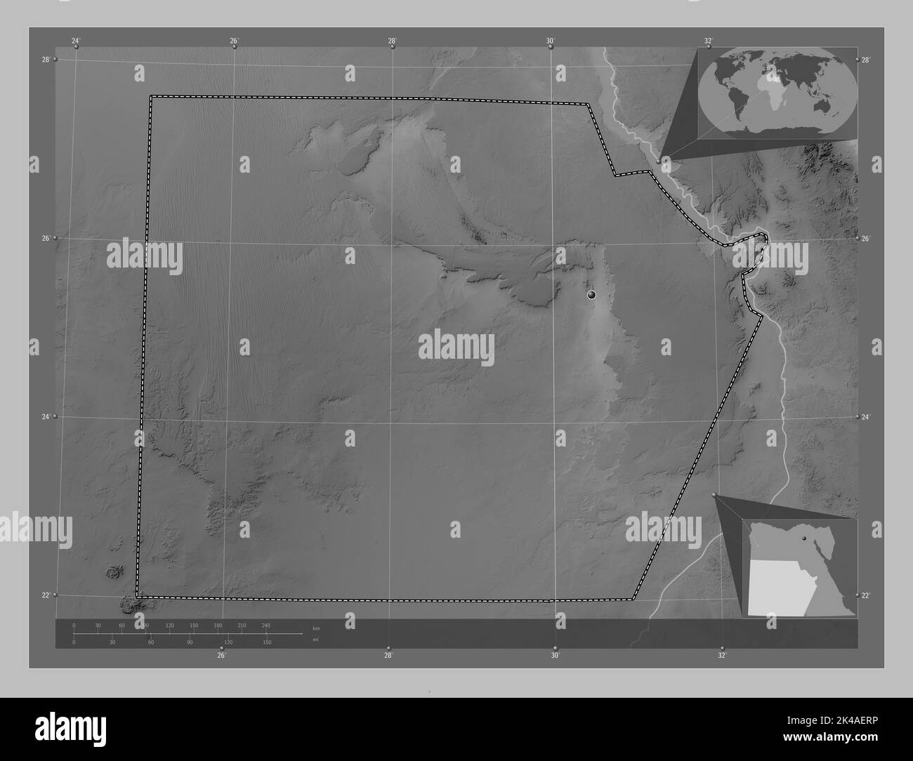 Al Wadi al Jadid, governorate of Egypt. Grayscale elevation map with ...